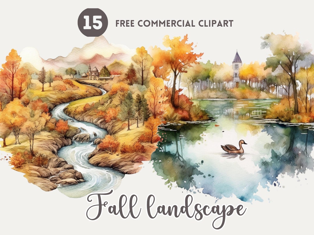 Autumn Landscape Watercolor Clipart Bundle, Fall Scenery Free ...