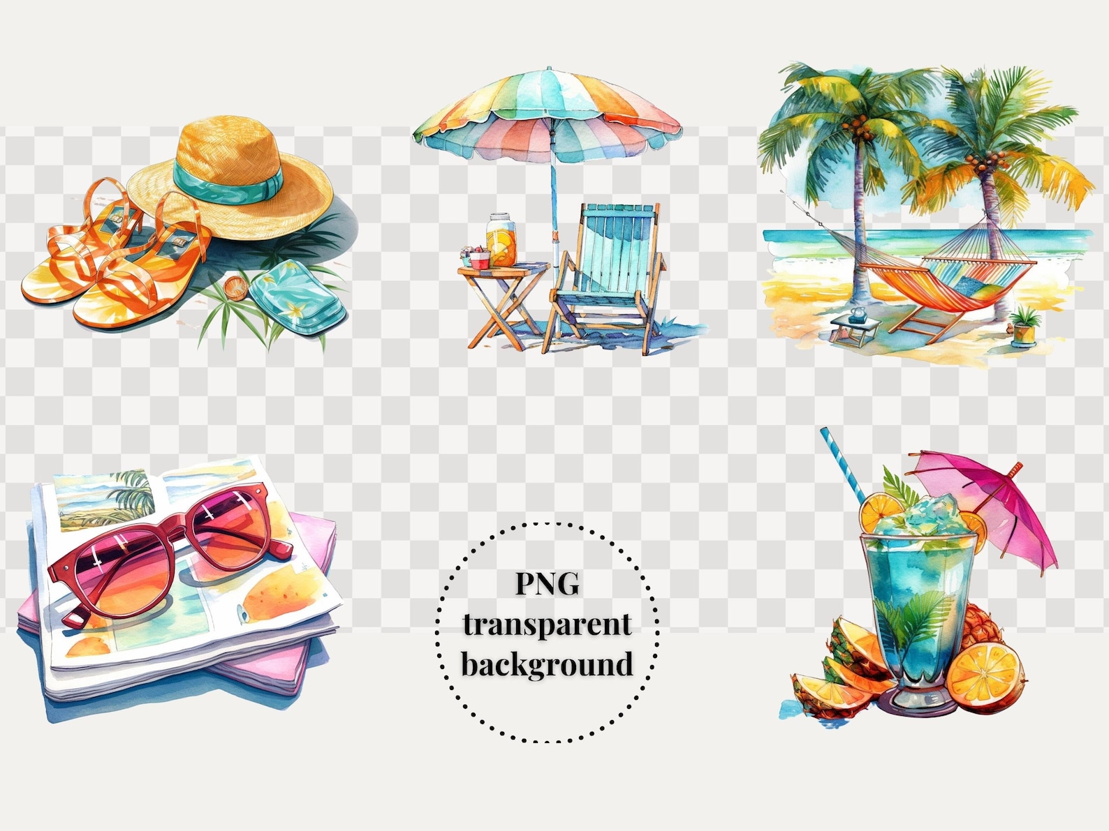 Beach Vacation Watercolor Clipart Bundle Summer Scene Free - Etsy