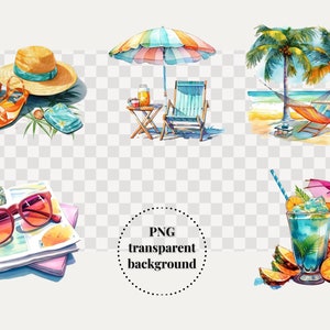 Beach Vacation Watercolor Clipart Bundle, Summer Scene Free Commercial ...