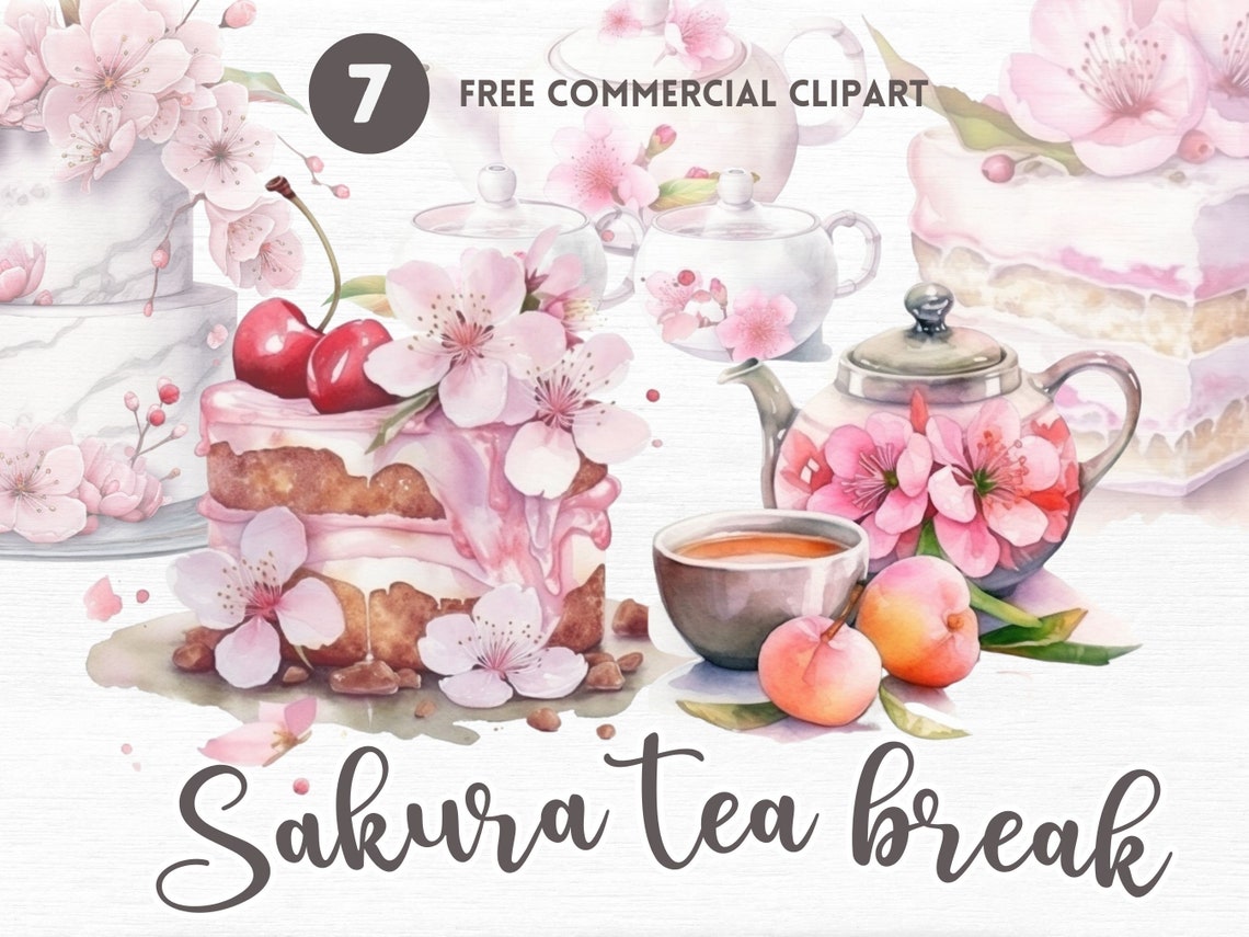 Cherry Blossom Tea Break Watercolor Clipart Bundle Free - Etsy