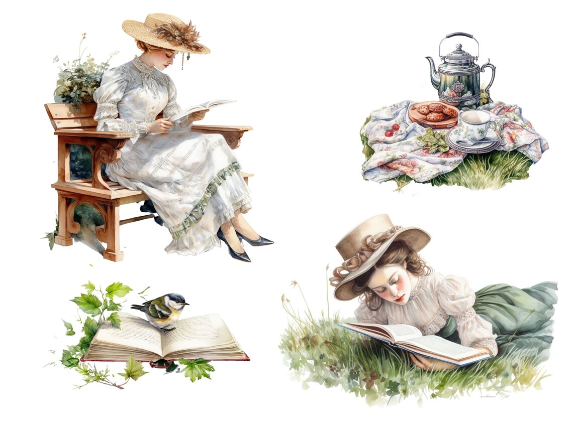 Vintage Reading Watercolor Clipart Bundle Outdoor Reading Free - Etsy