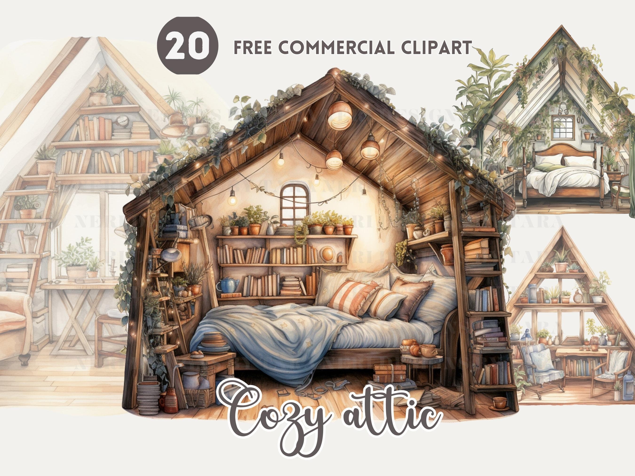 Cozy Attic Watercolor Clipart Bundle Loft Reading Nook Free - Etsy