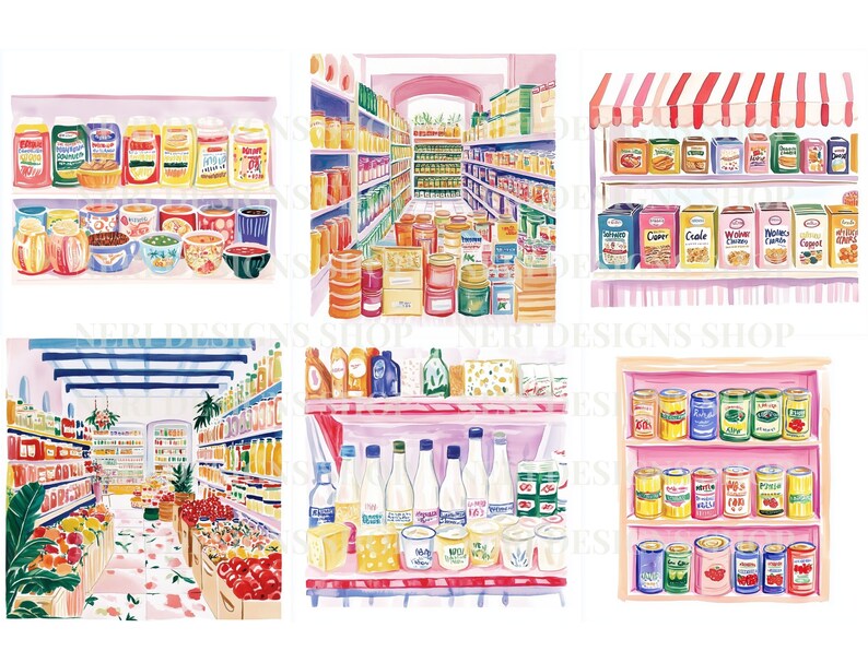 Supermarket Watercolor Clipart Set, Grocery Shelves & Shoppers Free ...