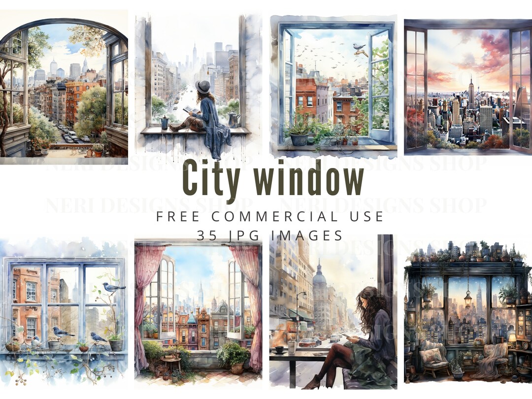 City View Window Watercolor Clipart Bundle, Urban Window Scene Free ...