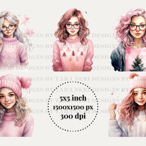 Winter Girl Watercolor Clipart Bundle, Pink Girl With Sweater Free ...
