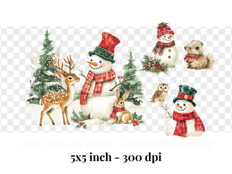 Snowman and Animals Watercolor Clipart, Winter Forest Friend, Christmas ...