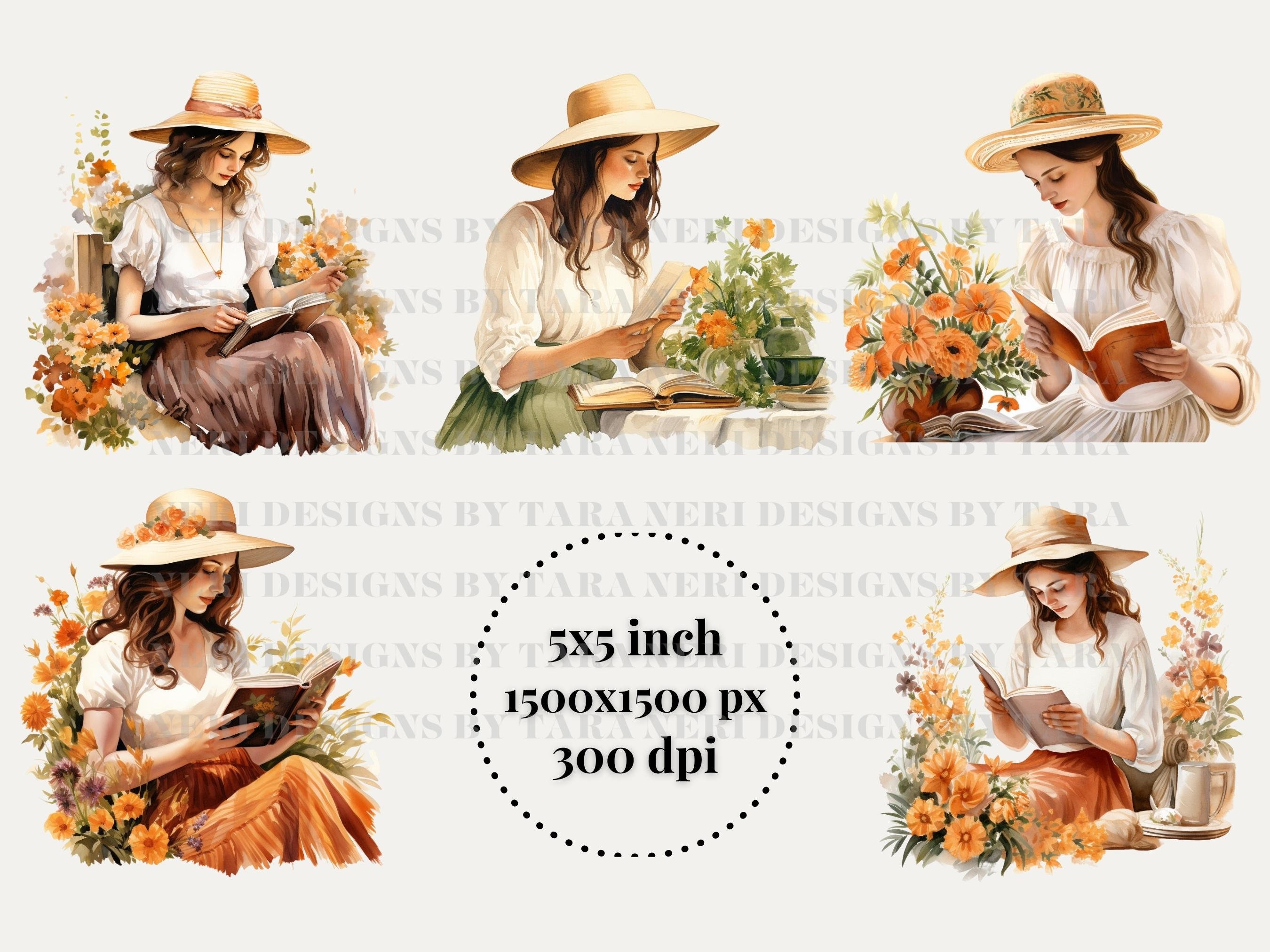 Girl Reading Watercolor Clipart Bundle Vintage Floral Reading - Etsy
