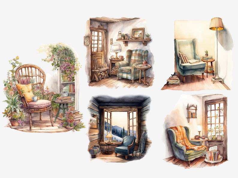 Cozy Reading Nook Watercolor Clipart Bundle Outdoor Reading - Etsy