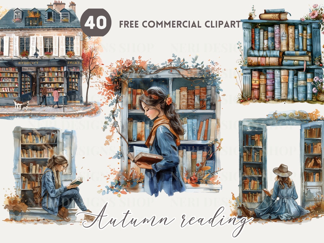 Autumn Girl Reading Watercolor Clipart Quaint Bookshop Free Commercial ...