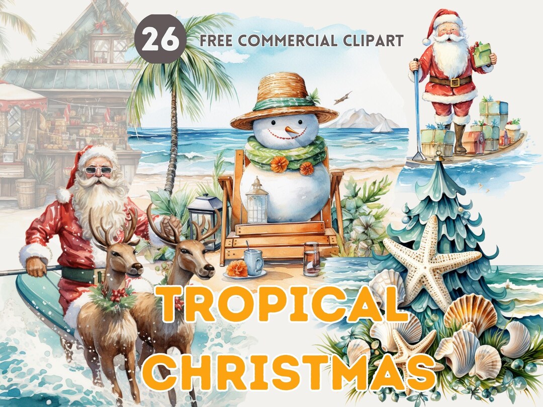 Tropical Christmas Watercolor Clipart Bundle, Beach Snowman Free ...