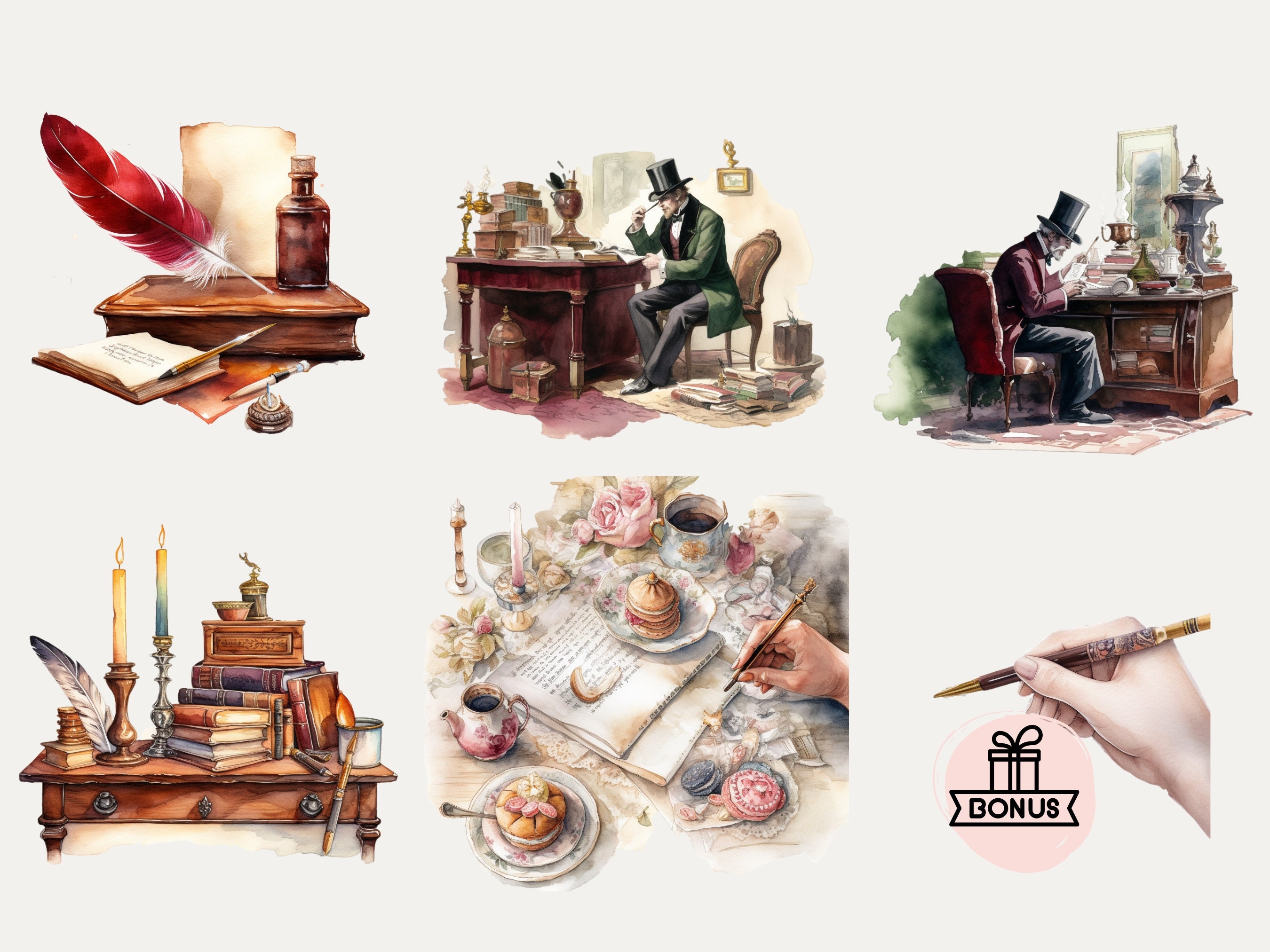 Vintage Writing Scene Watercolor Clipart Bundle Ink Quill - Etsy