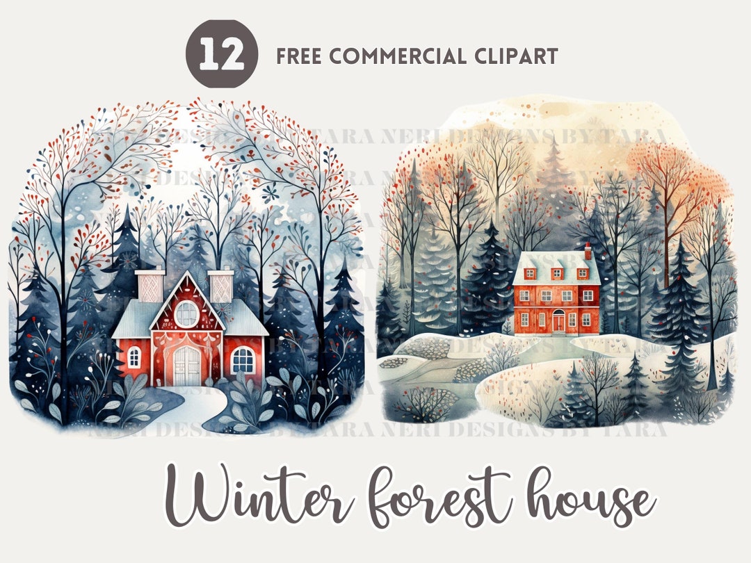 Cozy Winter House Watercolor Clipart Bundle, Christmas Scenery Free ...