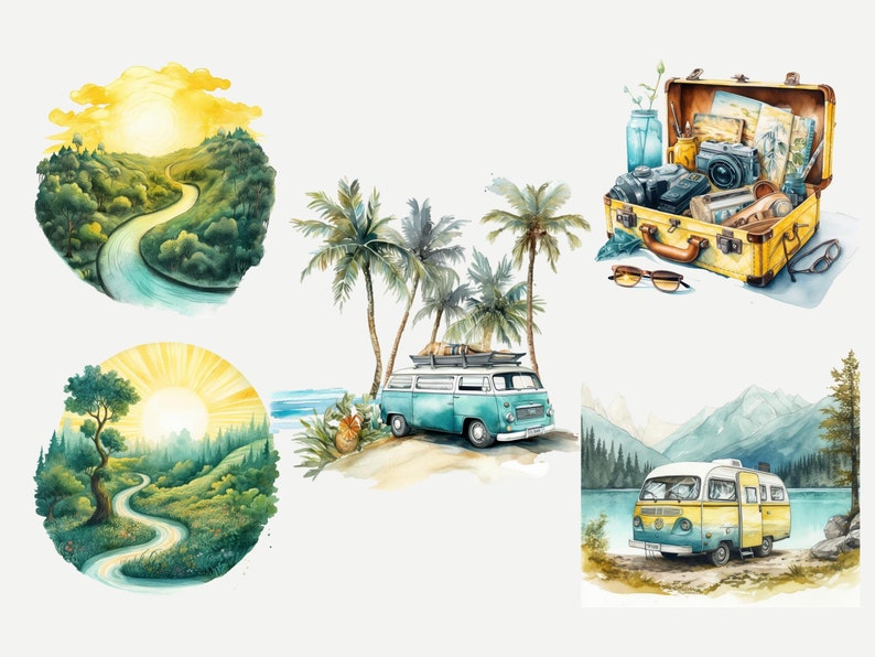 Summer Road Trip Watercolor Clipart Bundle Summer Travel Free - Etsy