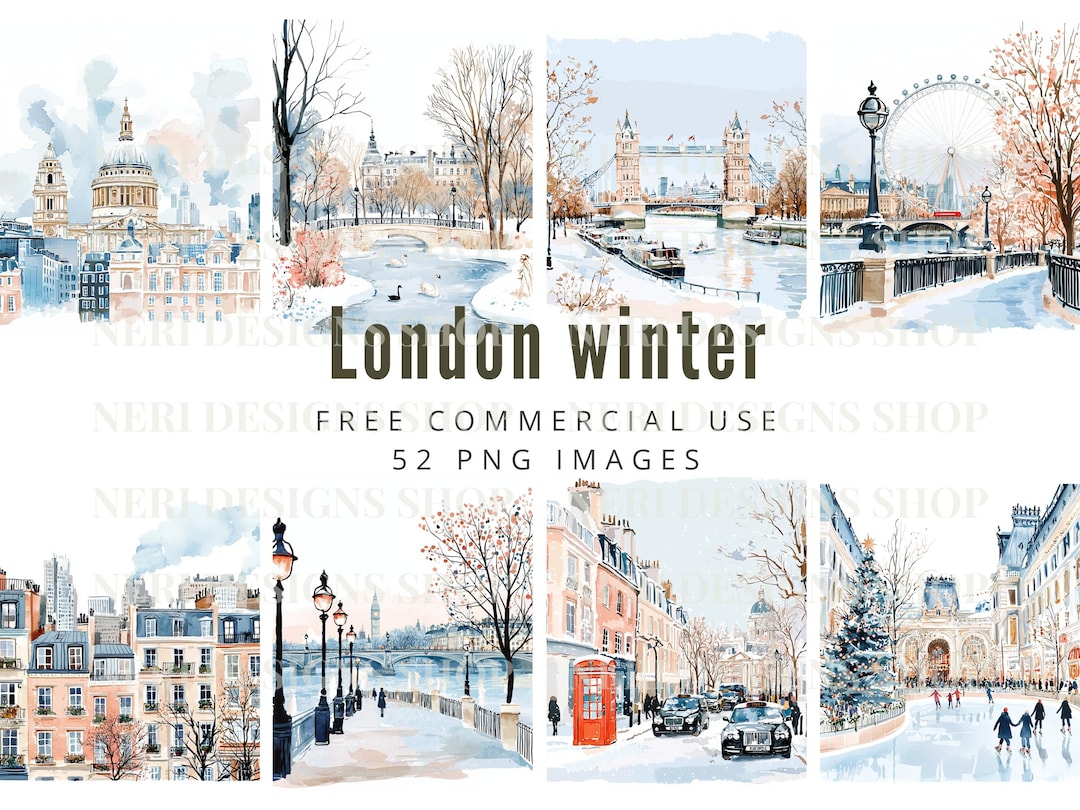 Winter Cityscape Watercolor Clipart, London Christmas Free Commercial ...