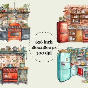 Retro Kitchen Watercolor Clipart Bundle Free Commercial Vintage Cooking ...