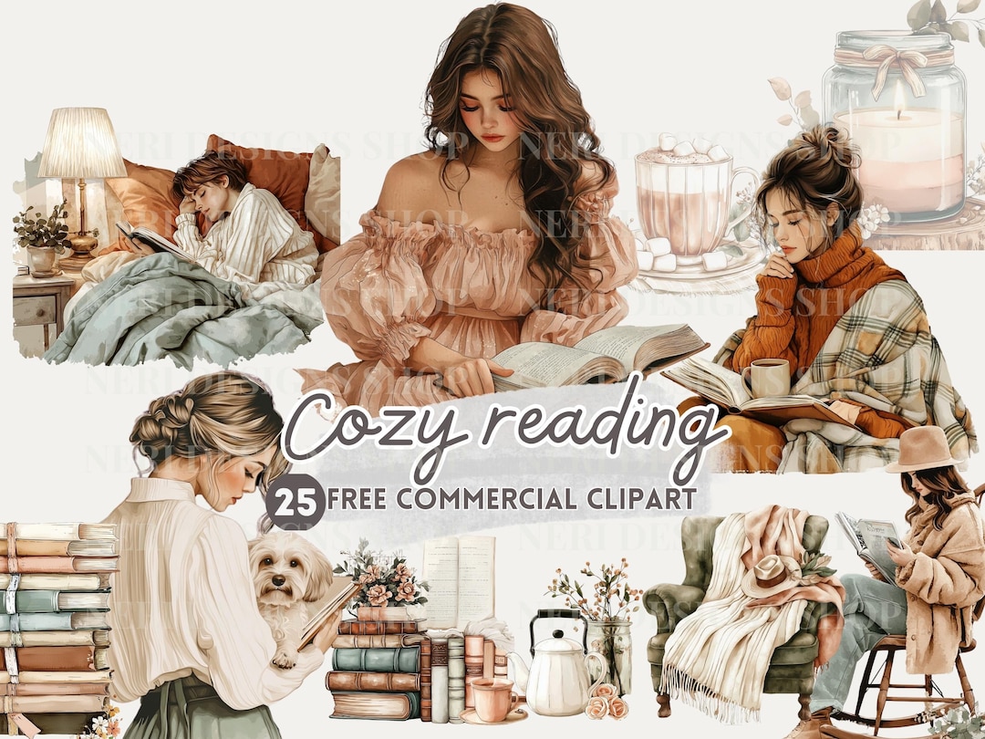Cozy Reading Girl Watercolor Clipart, Book Lover Free Commercial PNG ...