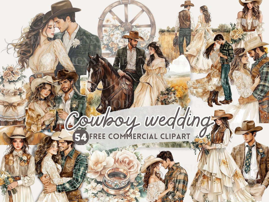 Cowboy Wedding Watercolor Clipart, Cowboy Romance Free Commercial PNG ...