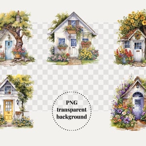 Floral Cottage Front Watercolor Clipart Bundle, Cozy Cottage Facade ...