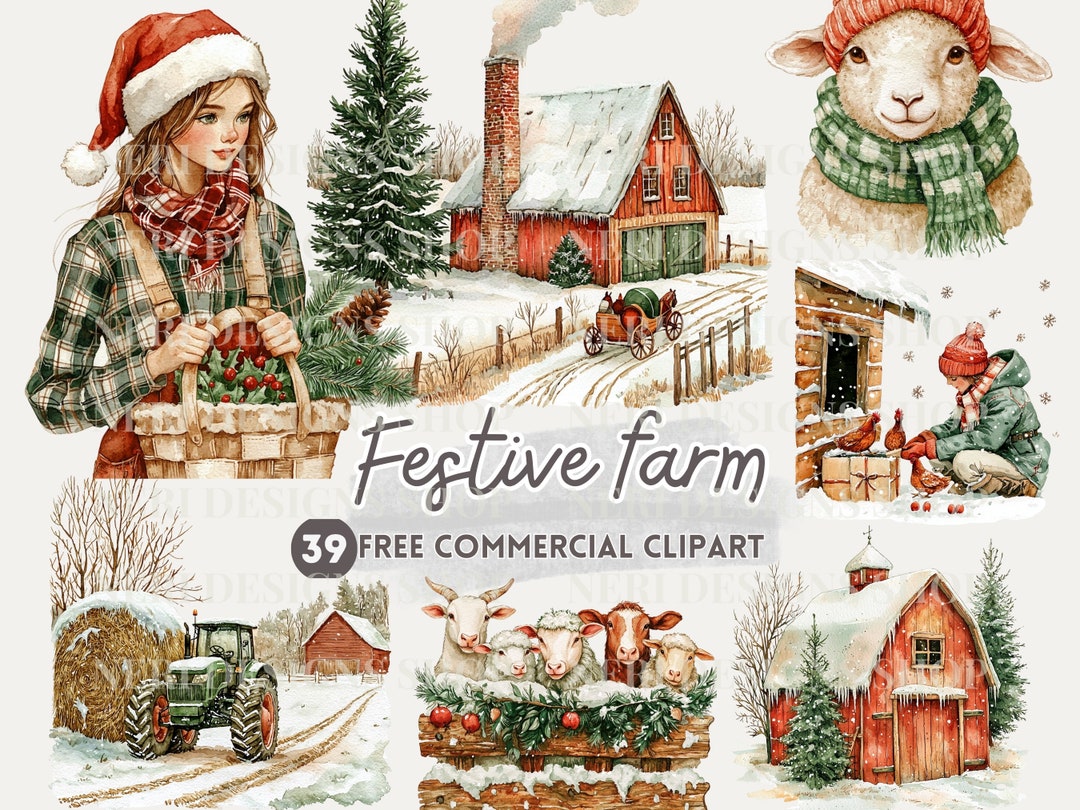Christmas Farm Watercolor Clipart, Festive Barn Free Commercial PNG ...