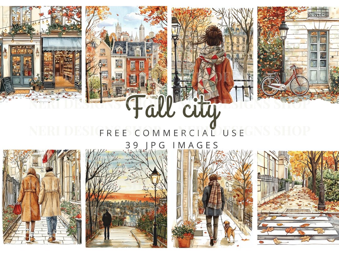 Fall City Scene Watercolor Clipart, Girl on Autumn Street, Cozy Couple ...