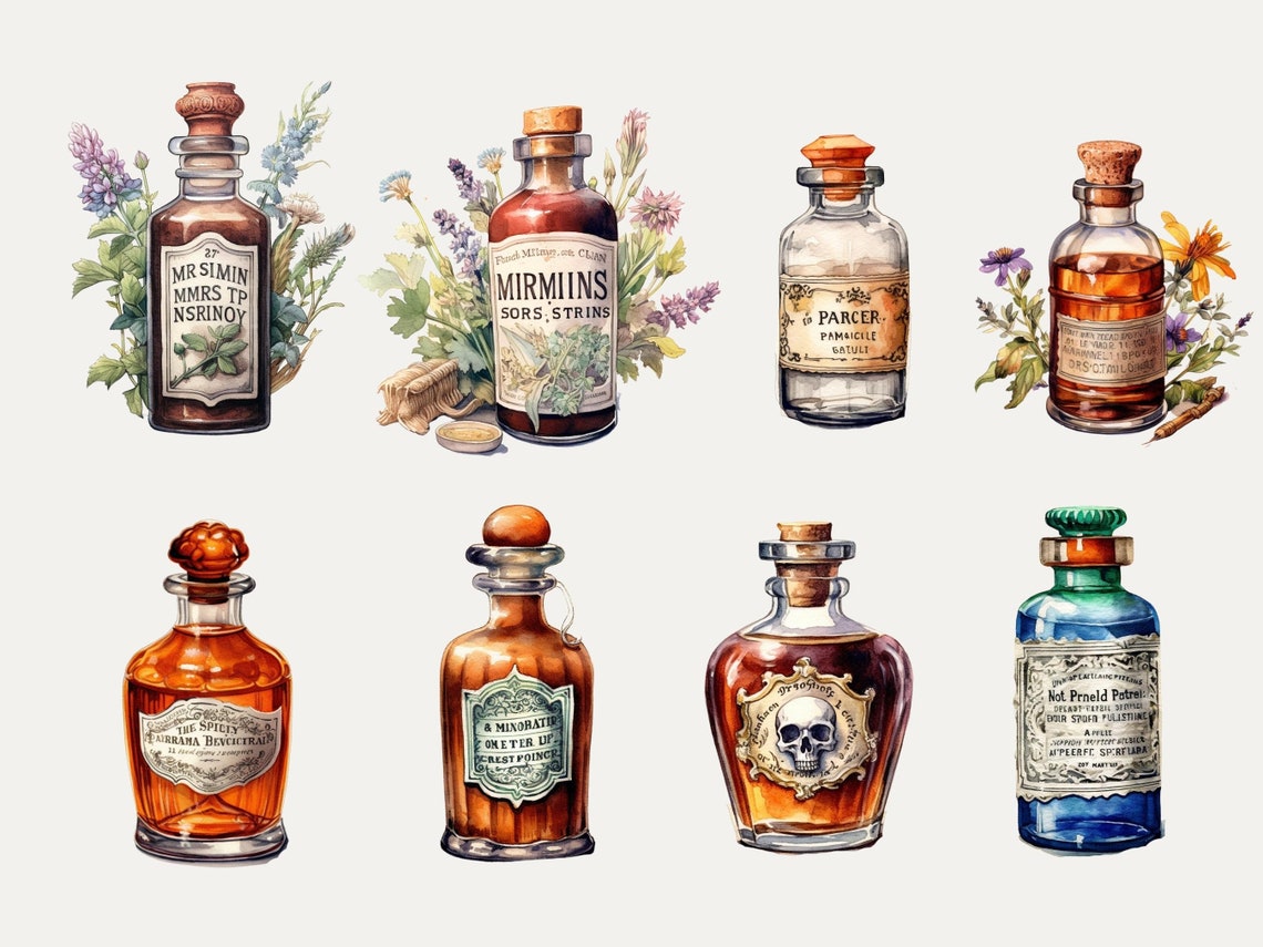 Vintage Medicine Bottles Watercolor Clipart Bundle, Vintage Pharmacy ...