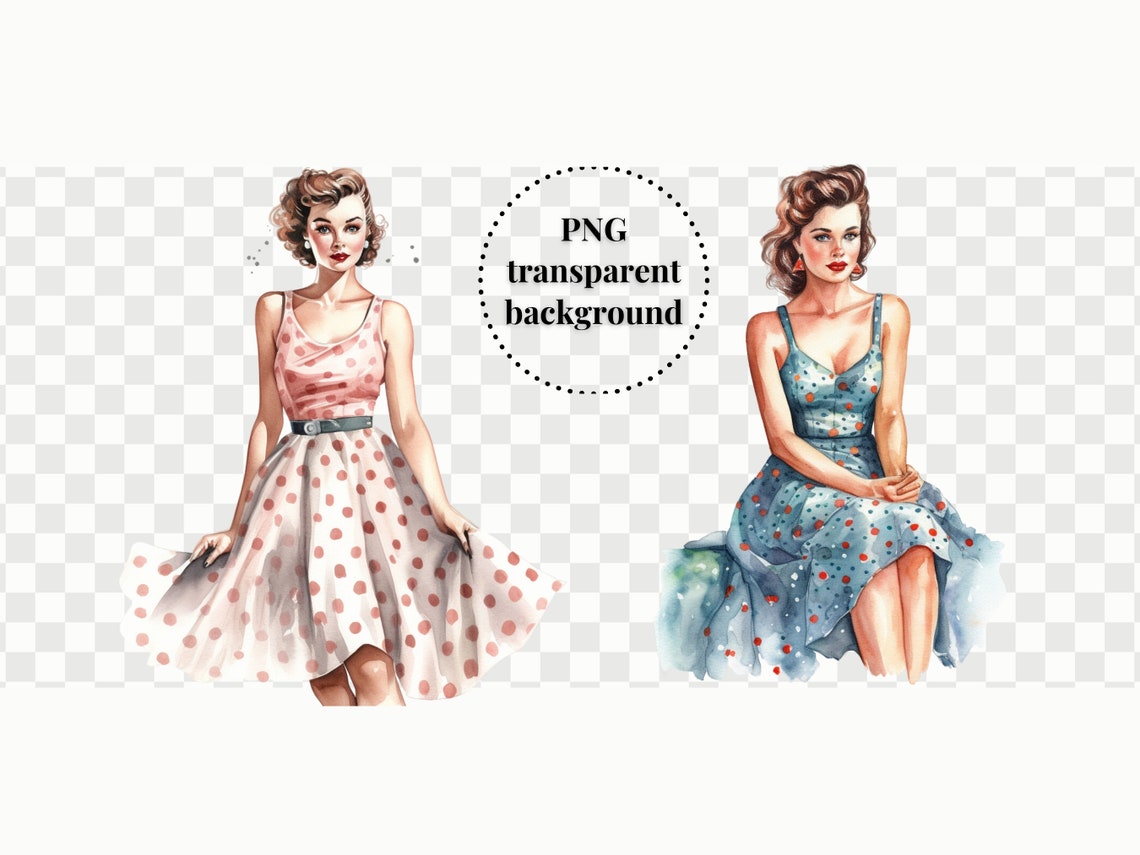Lady Wearing Polka Dot Dress Watercolor Clipart Bundle Retro - Etsy