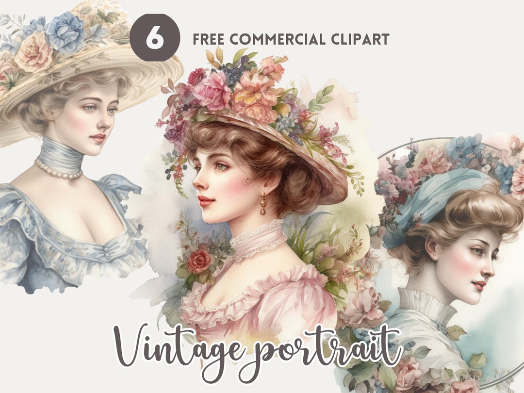 Vintage Lady Portrait With Floral Frame Watercolor Clipart Bundle ...