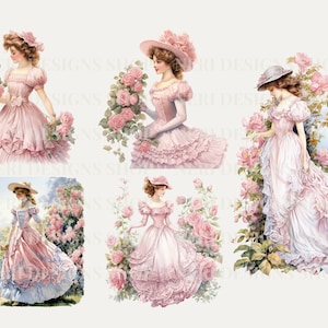 Vintage Lady and Rose Watercolor Clipart Bundle, Floral Lady Free ...