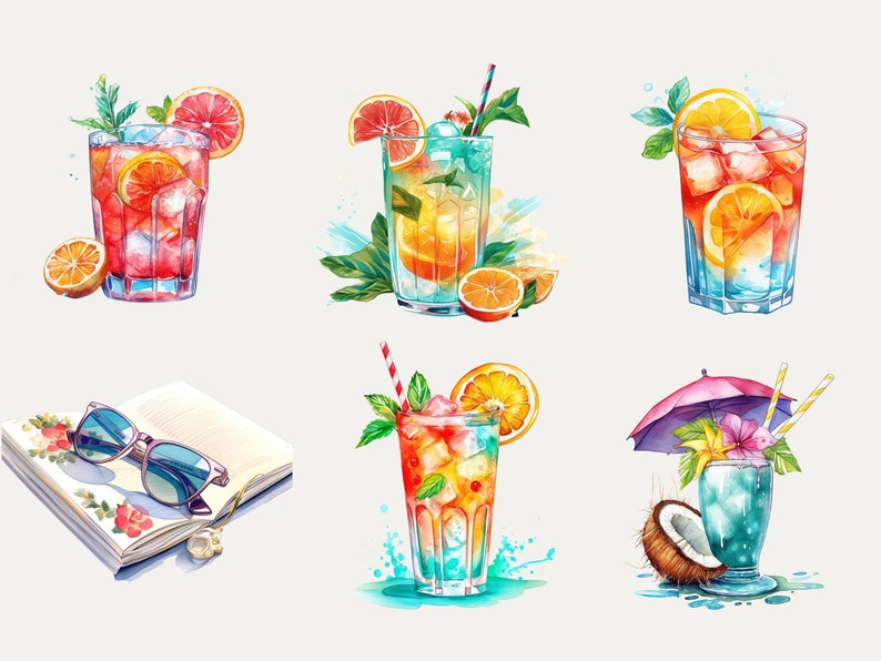 Beach Vacation Watercolor Clipart Bundle Summer Scene Free - Etsy