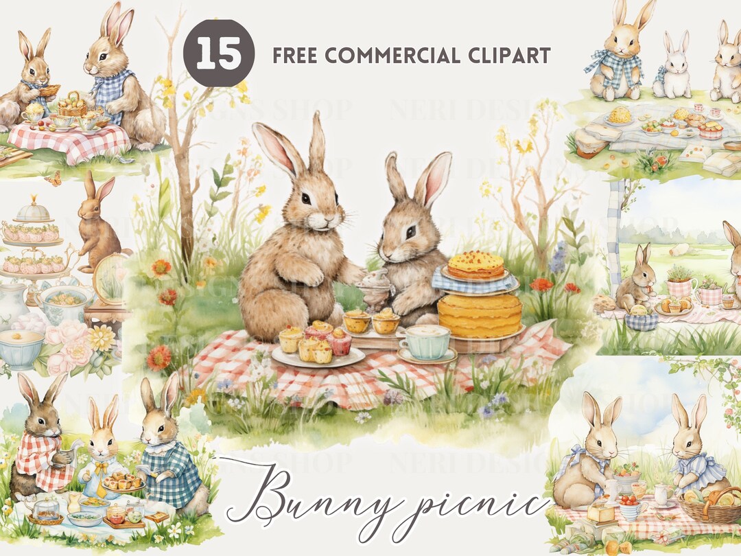Bunny Picnic Watercolor Clipart, Cute Rabbit in Picnic Scene Free ...