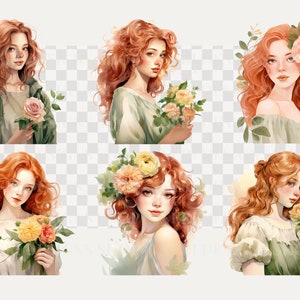 Red Hair Girl Watercolor Clipart Bundle, Girl With Flower Free ...