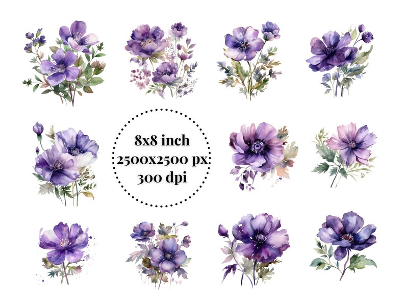 Violet Flower Watercolor Clipart Bundle Purple Floral Free - Etsy