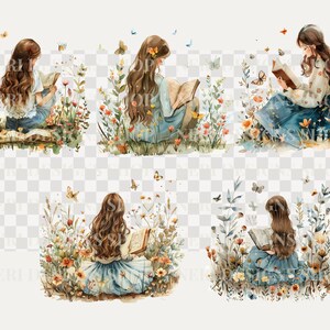 Girl Reading in Flower Garden Watercolor Clipart Bundle, Backview Young ...