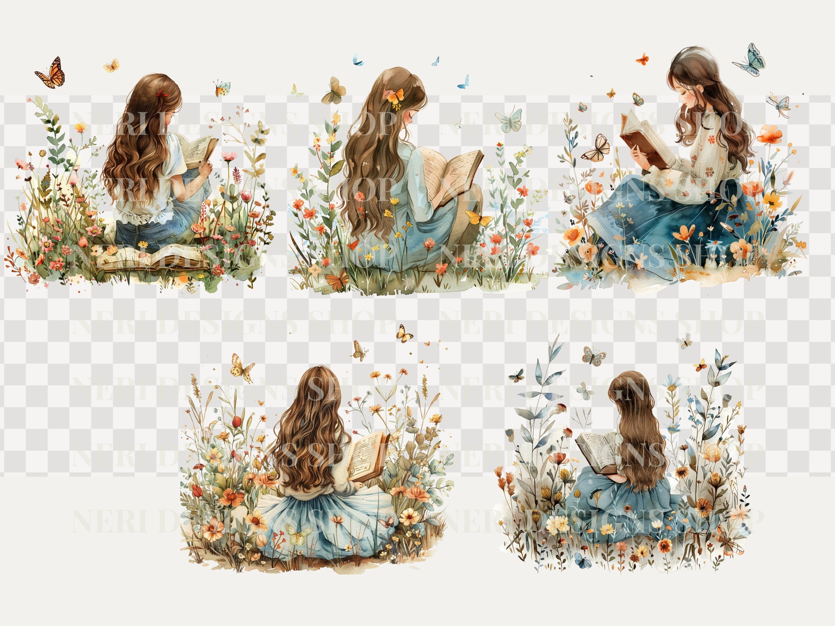 Girl Reading in Flower Garden Watercolor Clipart Bundle, Backview Young ...