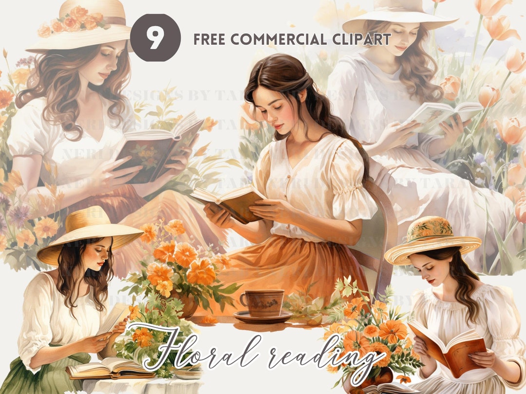 Girl Reading Watercolor Clipart Bundle Vintage Floral Reading Free ...