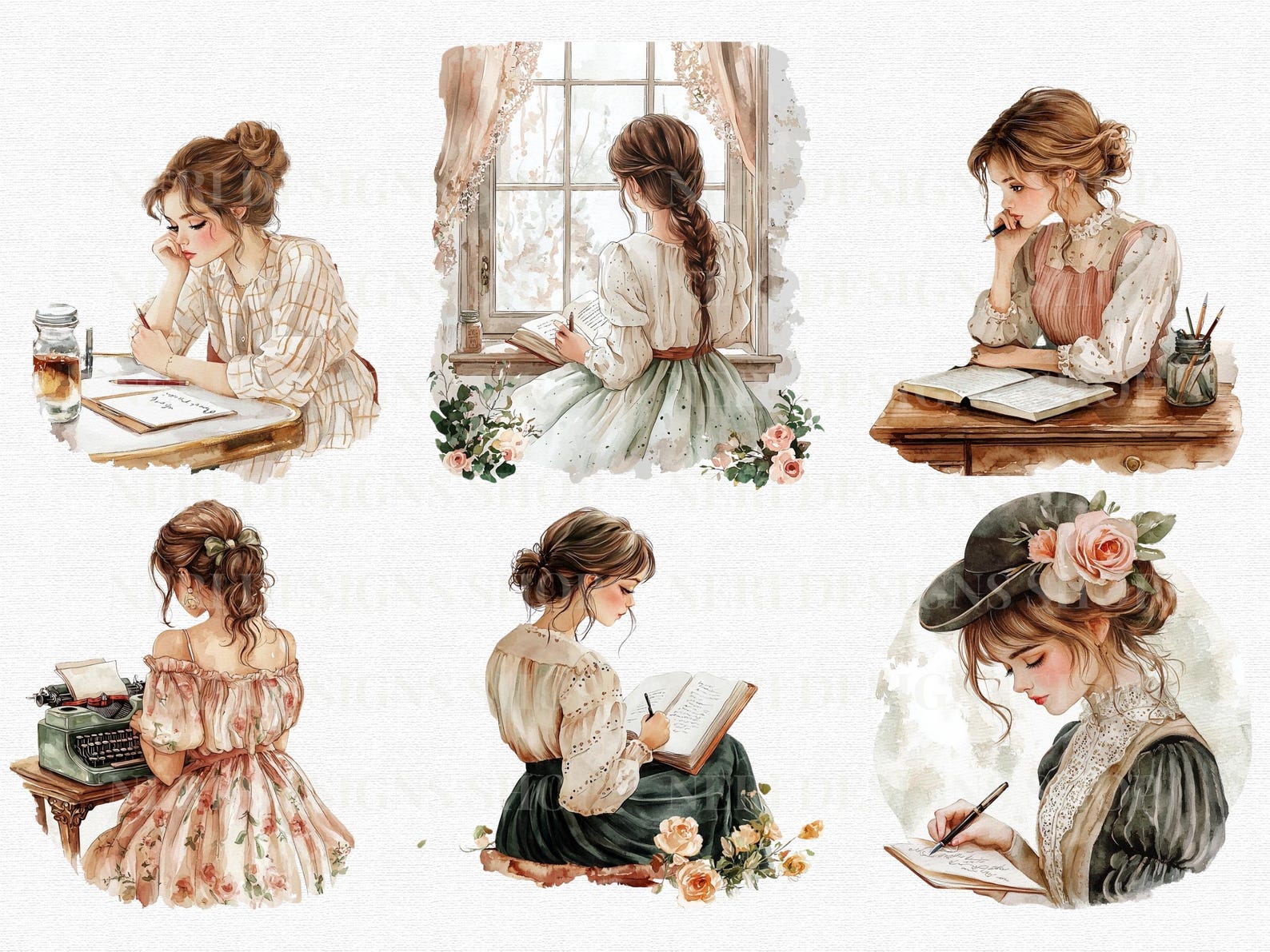 Vintage Lady Writing Watercolor Clipart, Classic Girl Typing Free ...