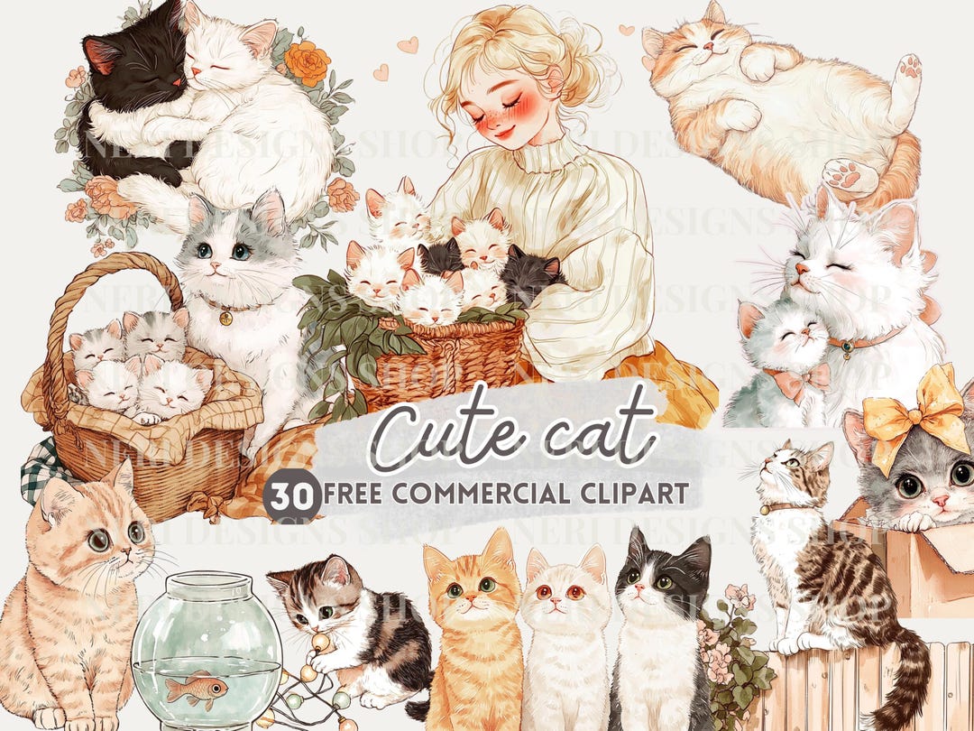 Cute Cat Watercolor Clipart, Sleeping Kitten Free Commercial PNG ...