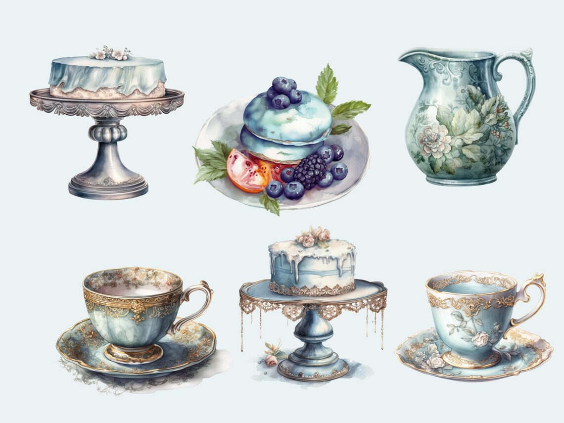 Vintage Tea Set Watercolor Clipart Bundle Free Commercial - Etsy