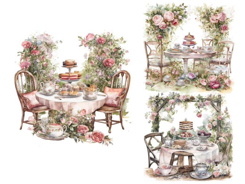 Vintage Tea Party in Garden Watercolor Clipart Bundle Retro - Etsy
