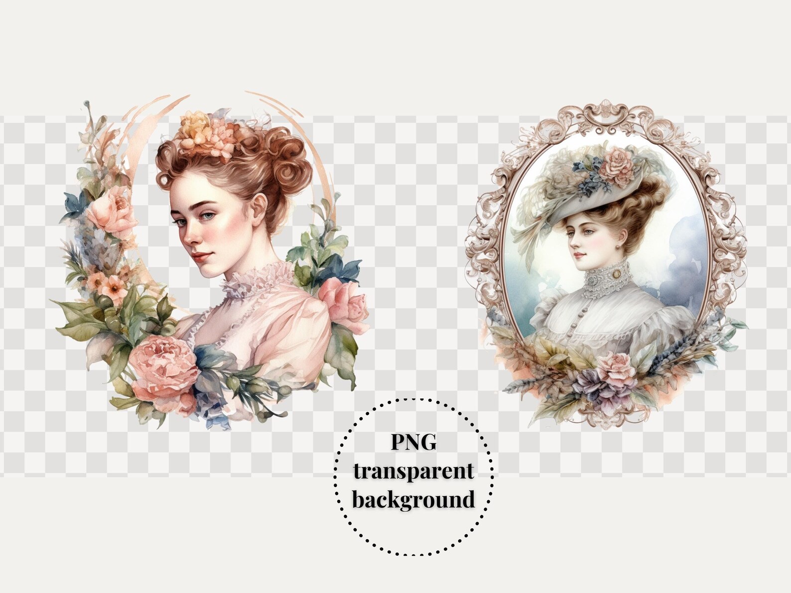 Vintage Lady Portrait With Floral Frame Watercolor Clipart - Etsy