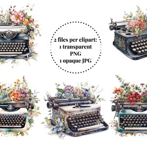 Floral Typewriter Watercolor Clipart Bundle Vintage Typing Machine ...