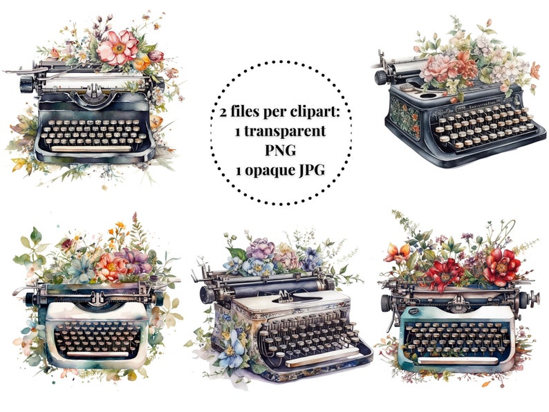 Floral Typewriter Watercolor Clipart Bundle Vintage Typing - Etsy