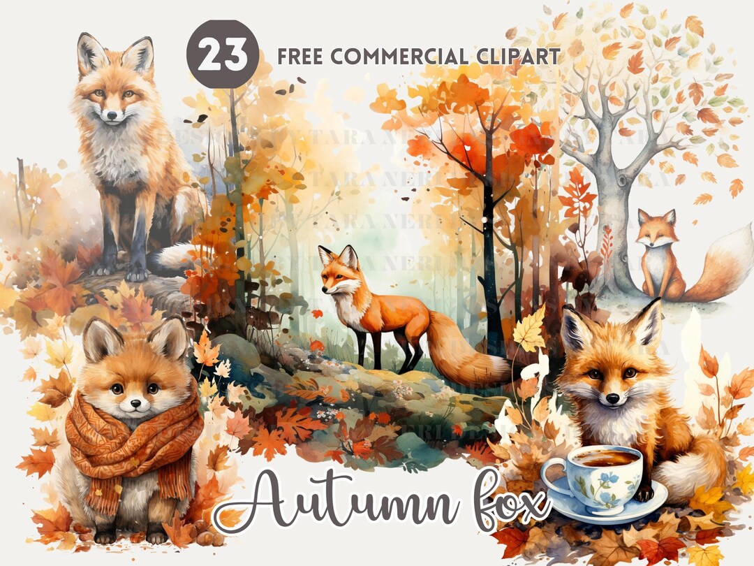 Autumn Fox Watercolor Clipart Bundle, Fox in Fall Scene Free Commercial ...