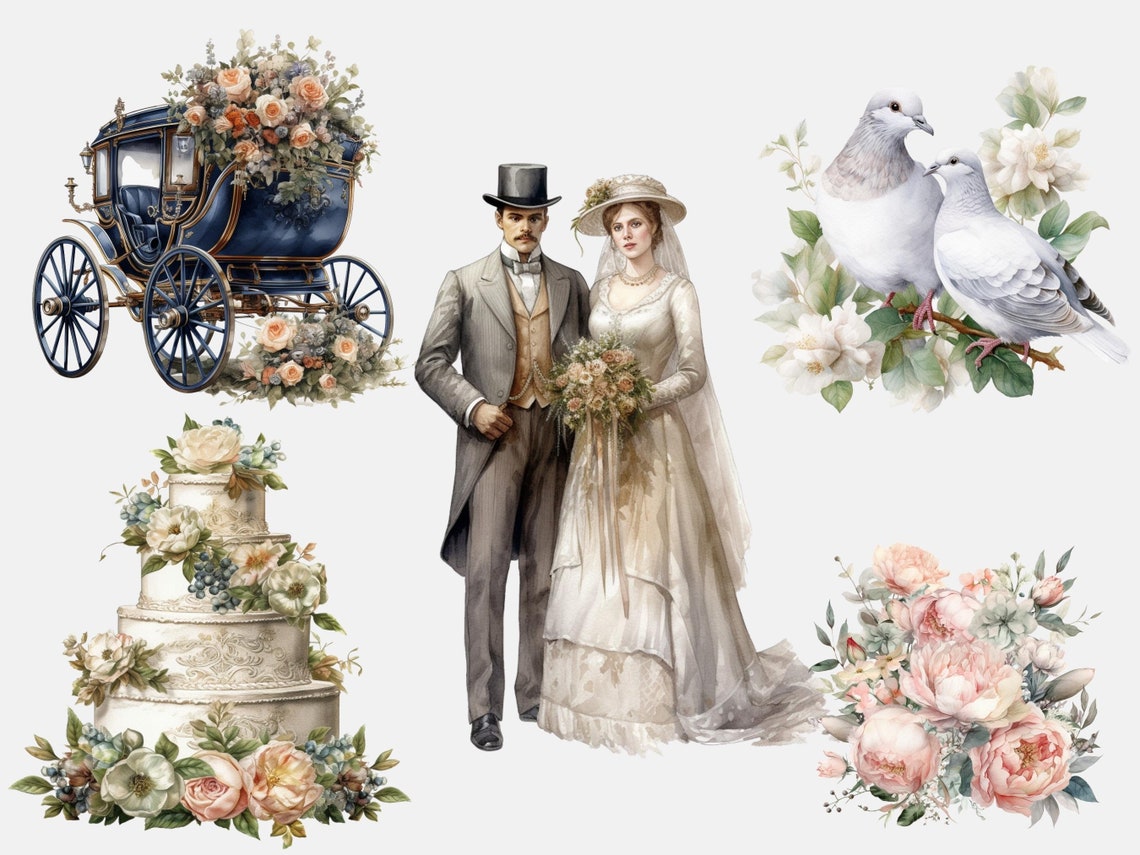 Vintage Wedding Watercolor Clipart Bundle Victorian Bride & - Etsy