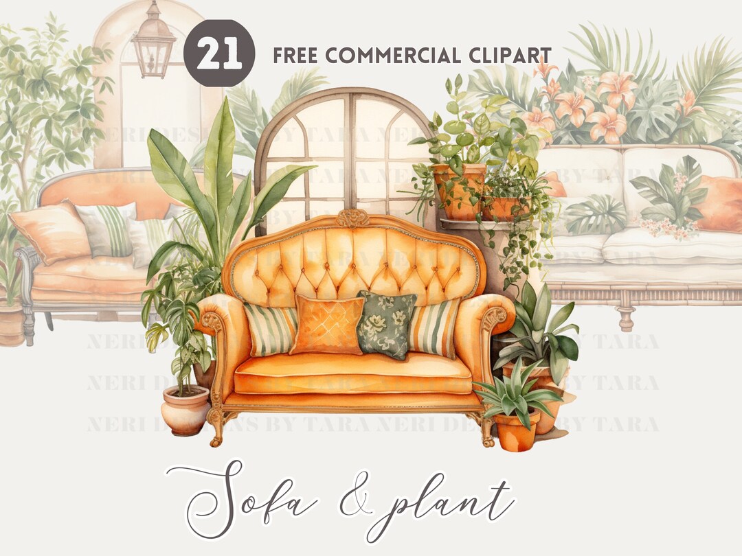 Boho Sofa and Plant Watercolor Clipart Bundle, Botanical Couch Free ...