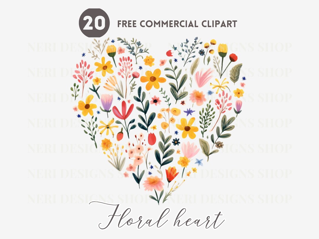Floral Heart Shape Watercolor Clipart Bundle, Flower-filled Heart Free ...