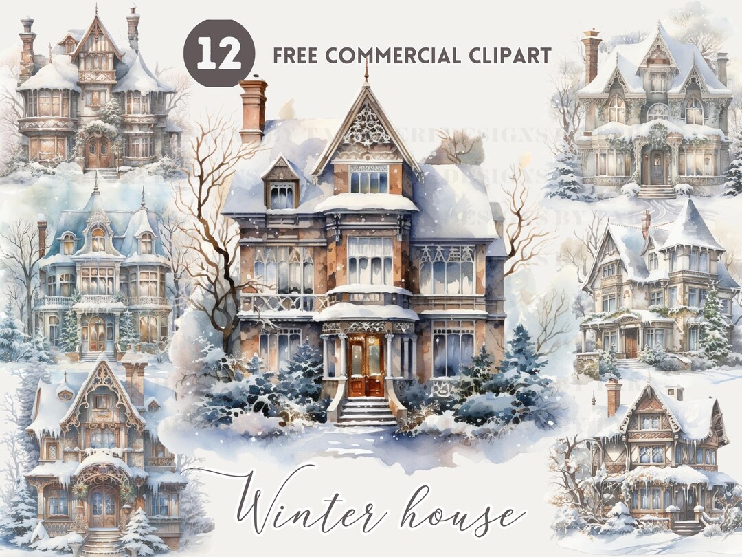 Winter House Watercolor Clipart Bundle, Christmas Mansion Free ...