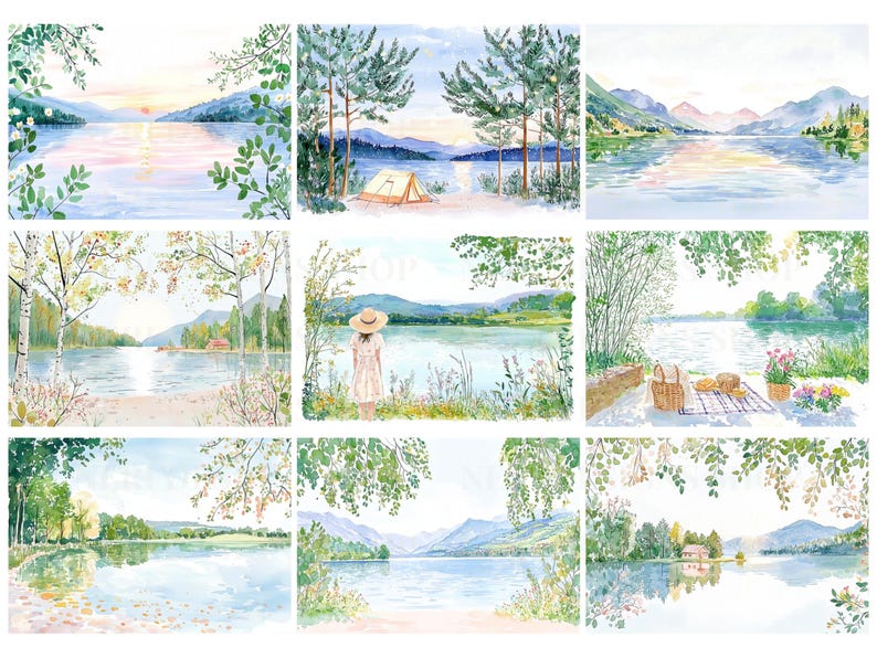 Summer Lake Landscape Watercolor Clipart Bundle, Lakeside Scene and ...