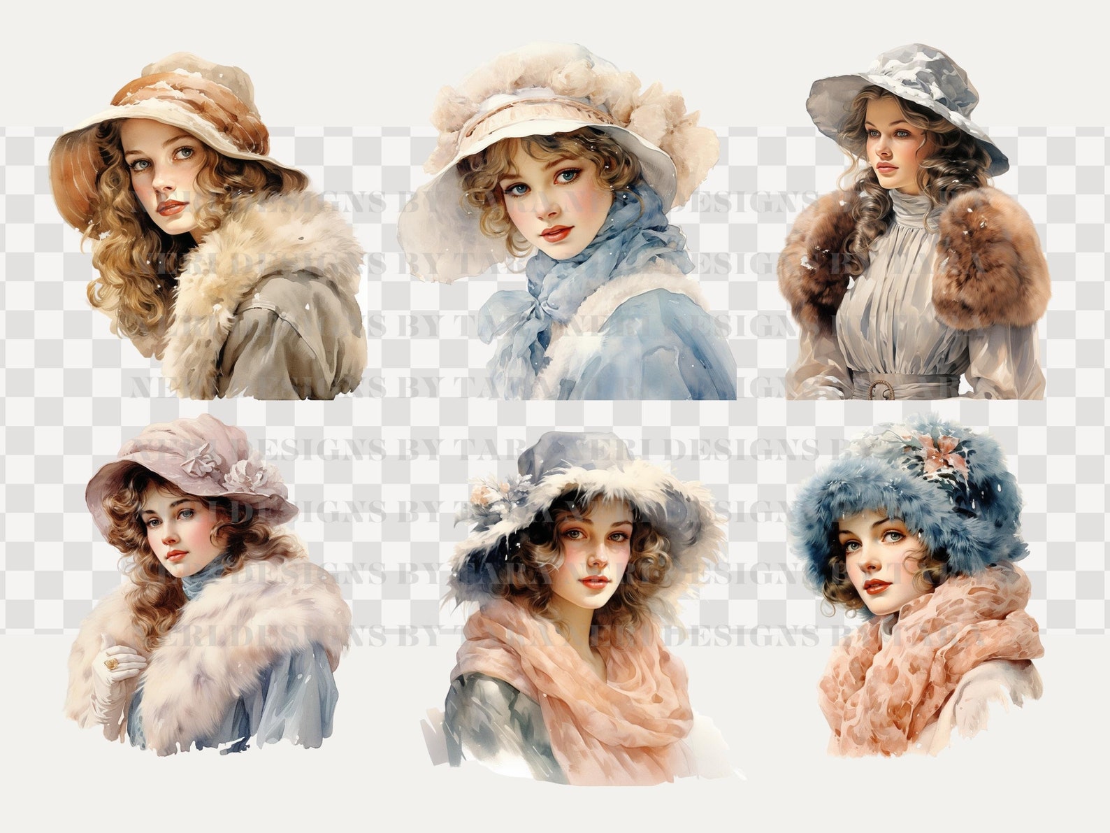 Vintage Winter Lady Watercolor Clipart Bundle, Victorian Woman in Snow ...