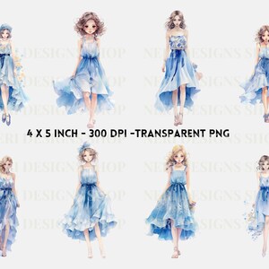 Floral Girl Watercolor Clipart Bundle, Feminine Girl in Blue Dress Free ...